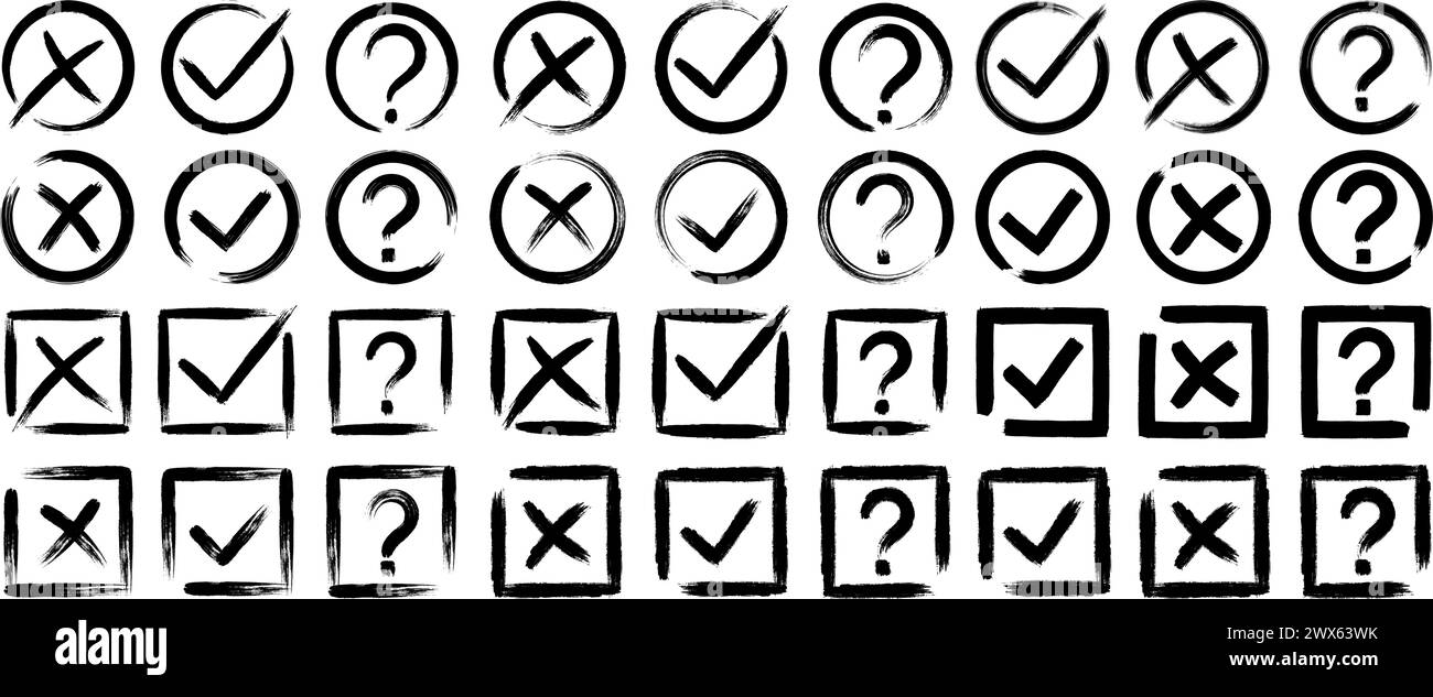 Dirty grunge cross x, tick OK and question check marks in check boxes ...