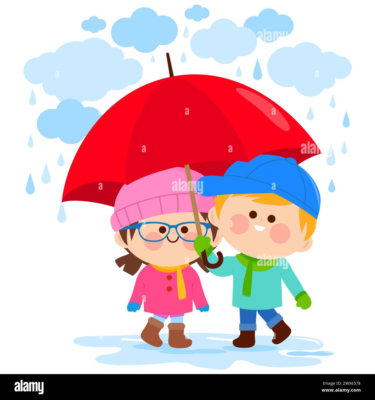 Girl With Umbrella In Rain Clipart