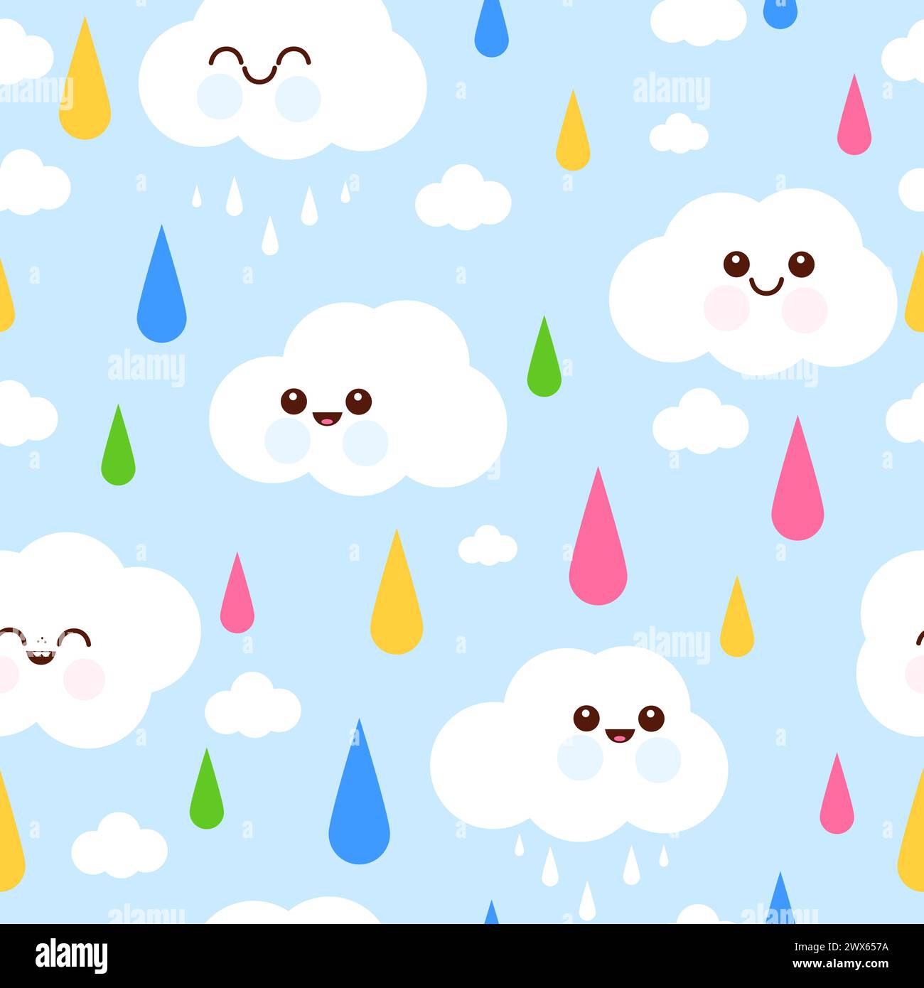 Cute cloud characters background. Colorful rain drops and cute clouds. Seamless pattern Stock ...