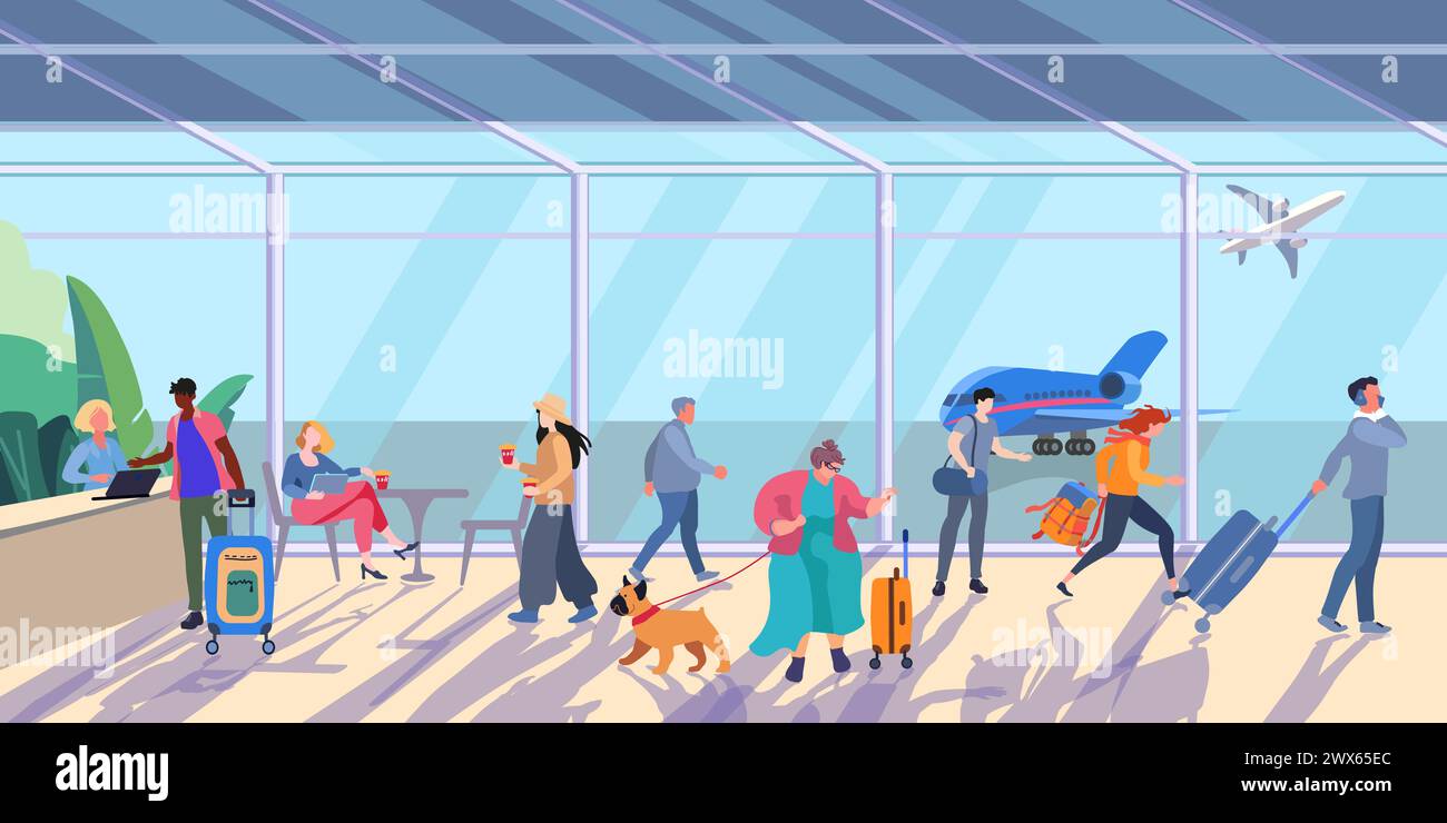 Airport waiting room on a sunny day. Interior inside the airport terminal with people and ...