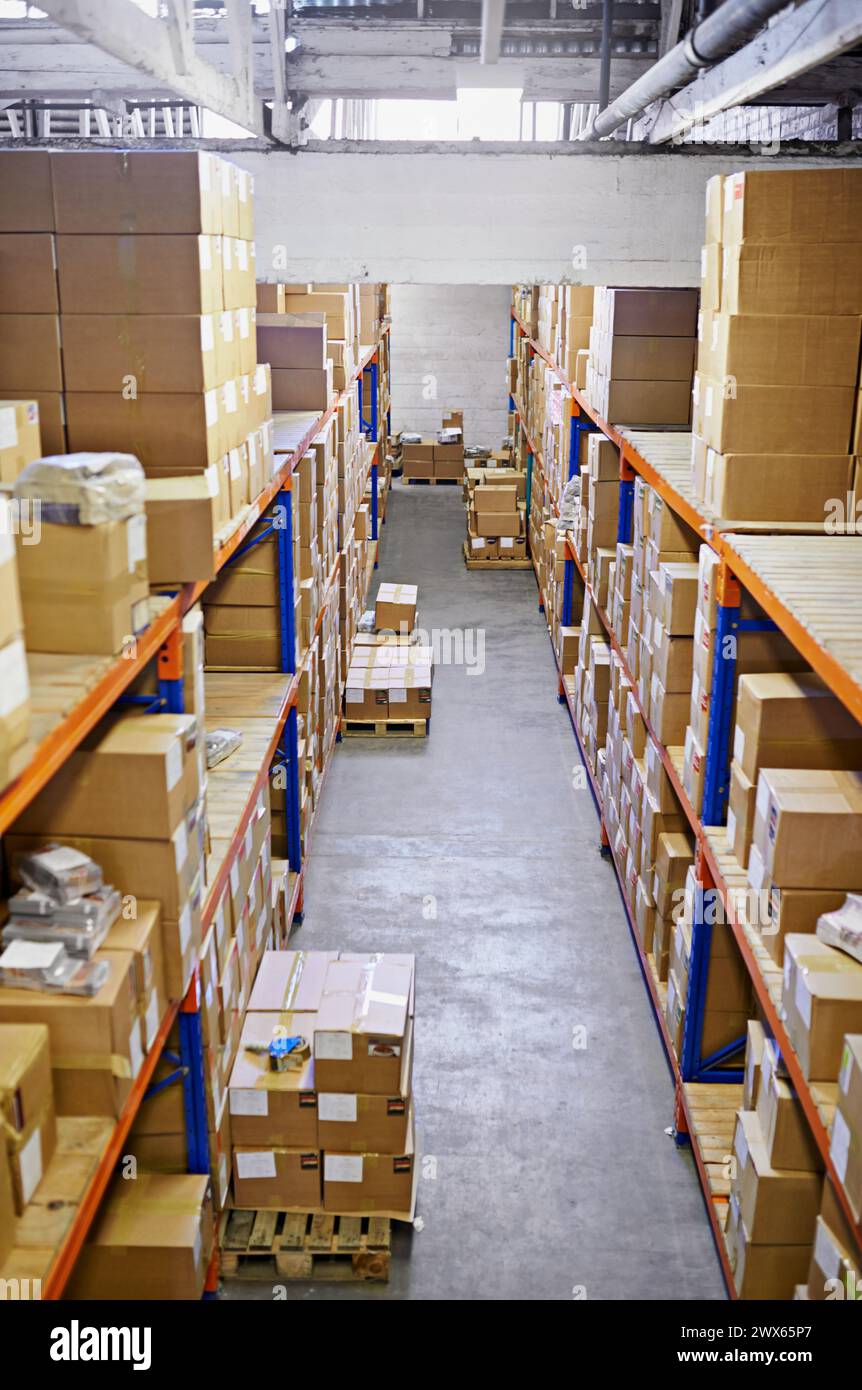 Warehouse, boxes and supply chain with distribution, storage and ...