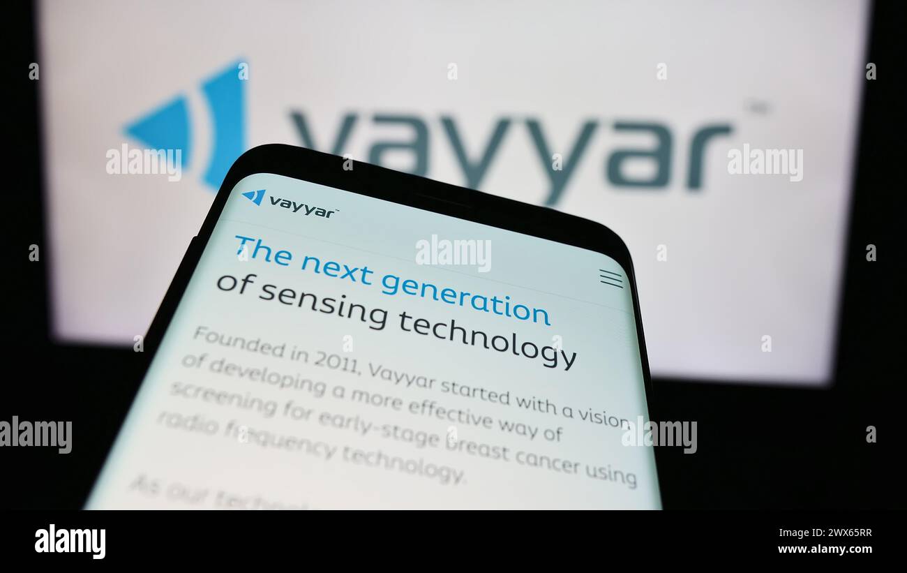 Smartphone with webpage of Israeli semiconductor company Vayyar Imaging Ltd. in front of ...