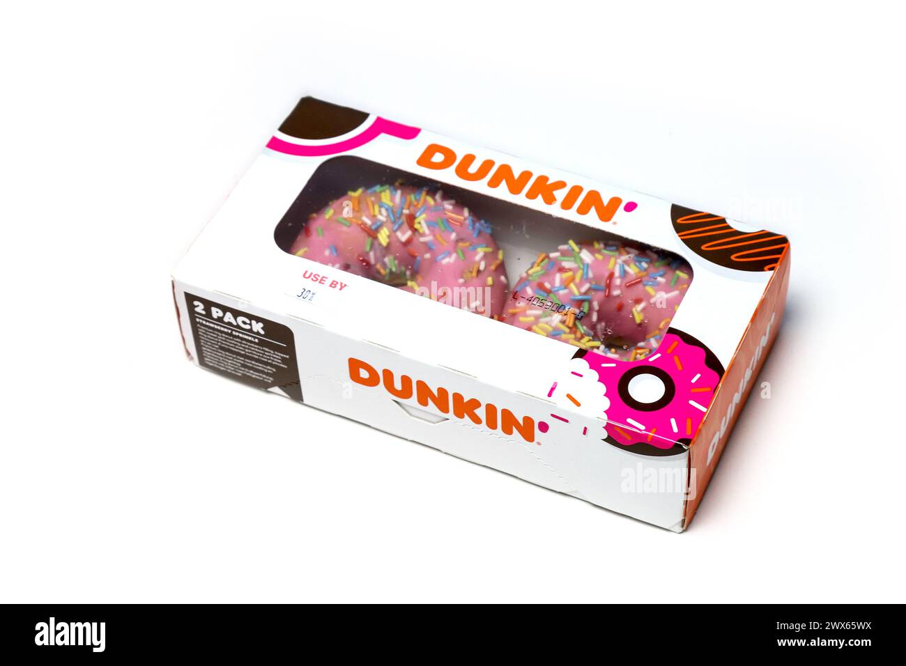 Dunkin' Donuts, Box of donuts isolated on a white studio background ...