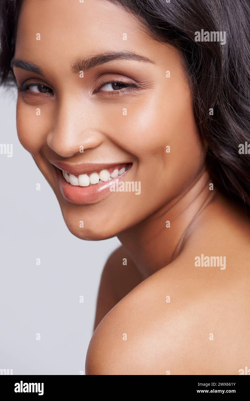Portrait, smile and woman in headshot for makeup, cosmetics and beauty ...