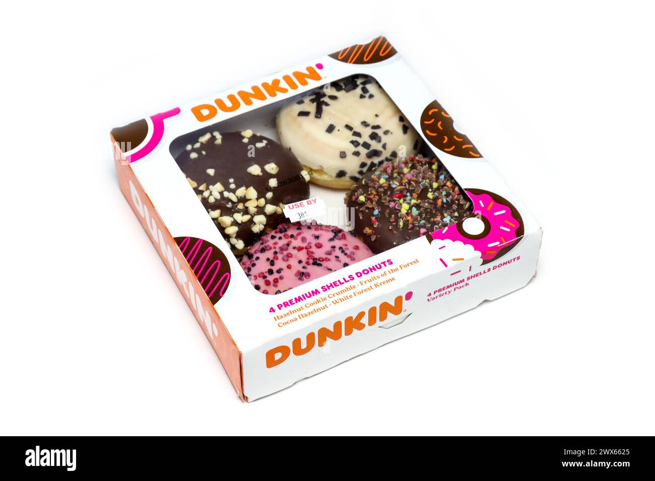 Dunkin' Donuts, Box of donuts isolated on a white studio background ...