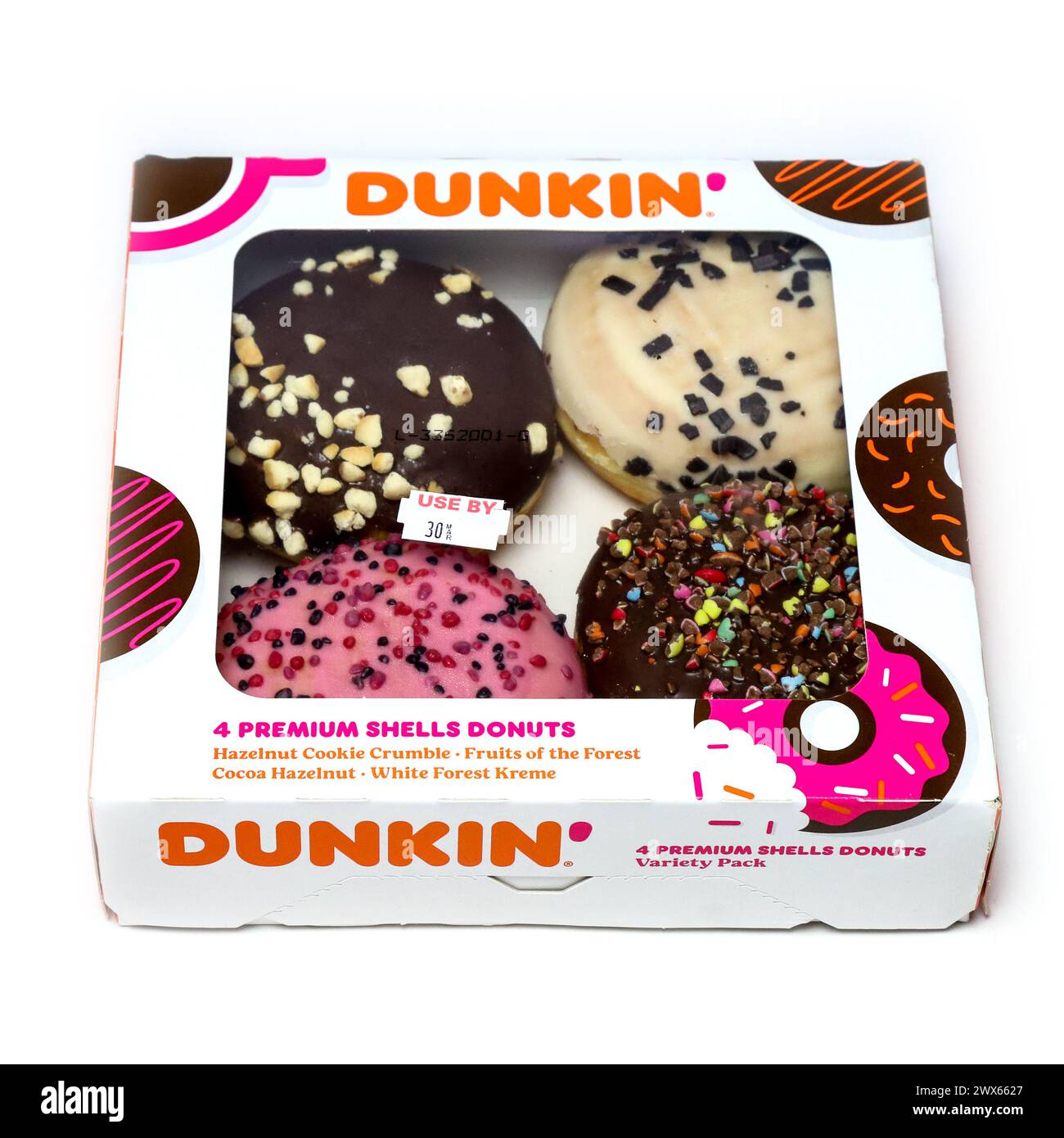 Dunkin' Donuts, Box of donuts isolated on a white studio background ...