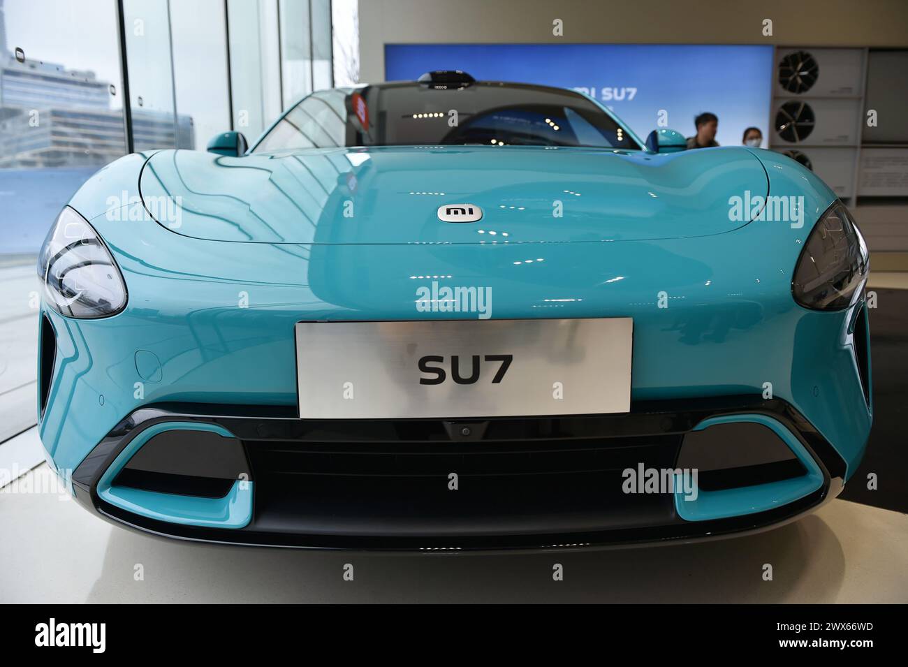 NANJING, CHINA - MARCH 28, 2024 - A Xiaomi electric supercar on display ...