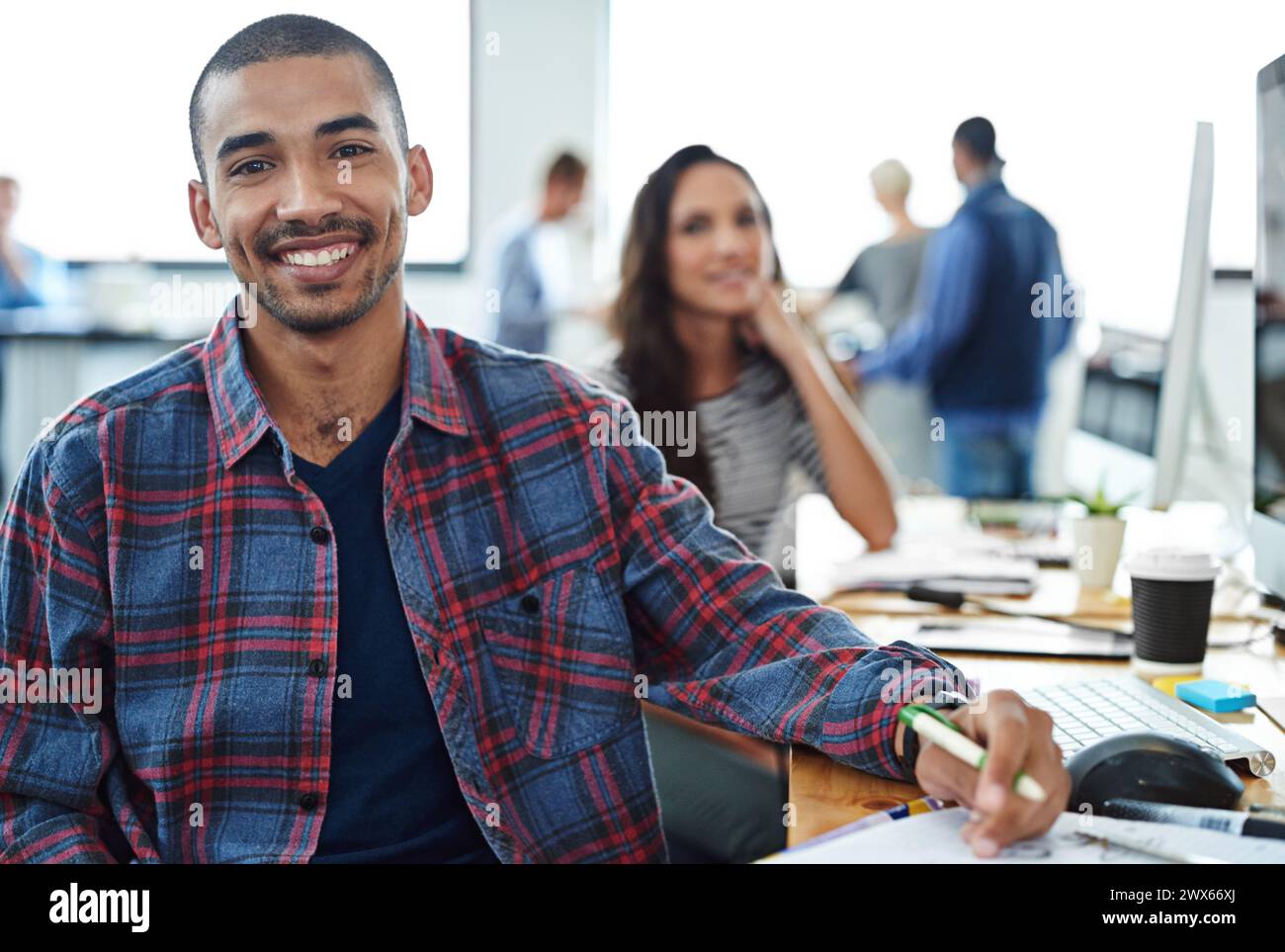 Happy, coworking and portrait of man in office with team for creative ...