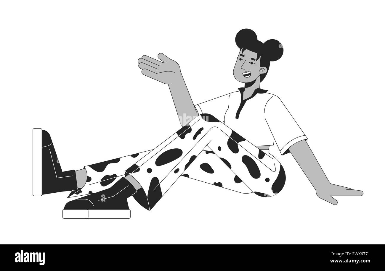 Smiling woman sitting and talking black and white 2D line cartoon ...