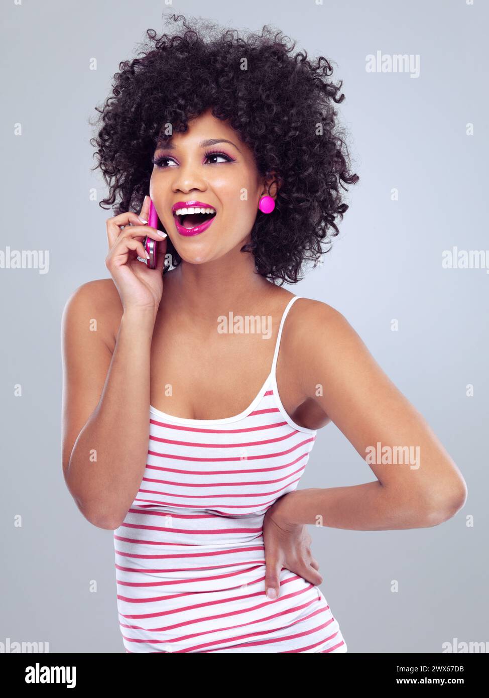 Black woman, cellphone for surprise phone call and communication ...