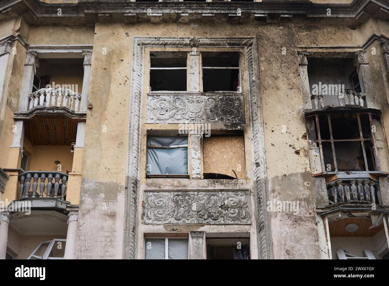Abandoned Ukrainian house with boarded up windows after fire caused by ...