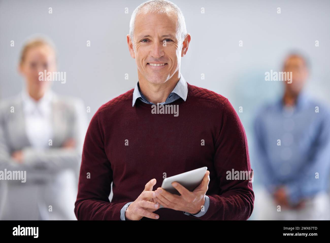 Happy, tablet or senior businessman portrait at warehouse with quality ...