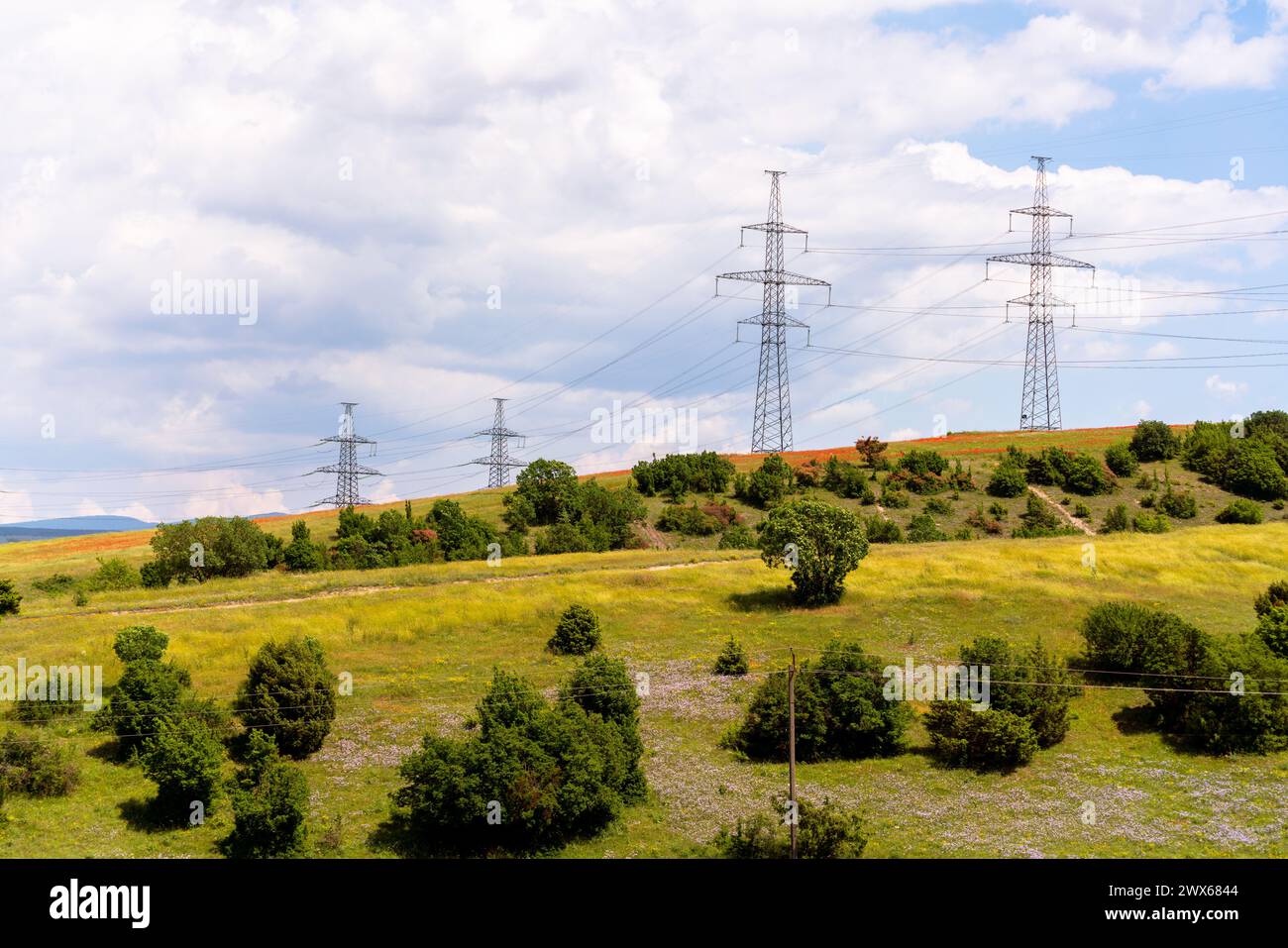 High voltage towers Electric pole. Power line support with wires for ...