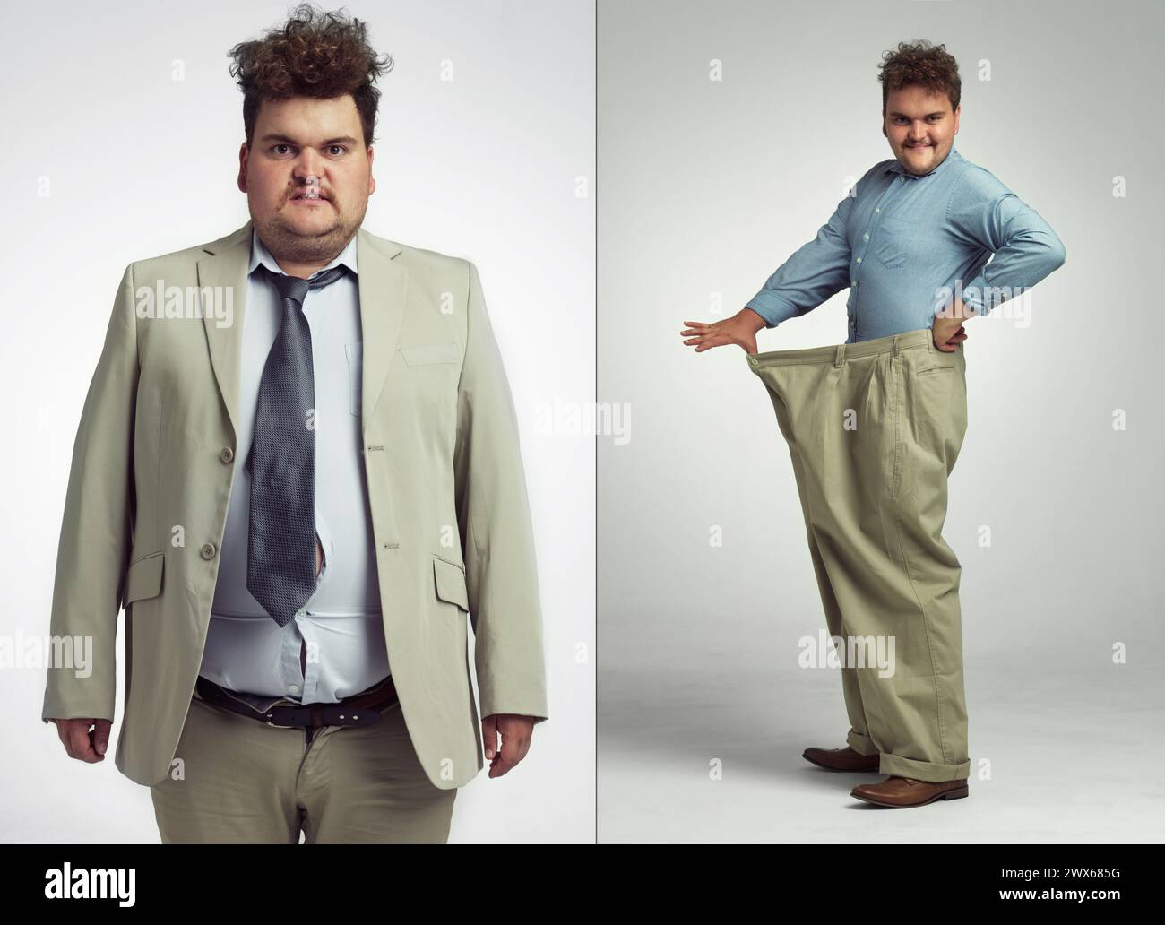 Collage, weight loss and progress of man for transformation, diet and ...