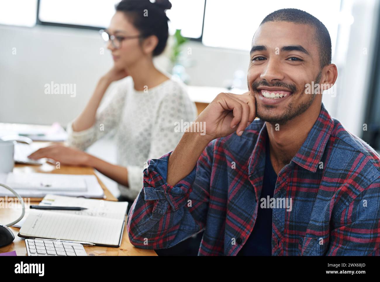 Happy, office and portrait of man coworking with teamwork on creative ...