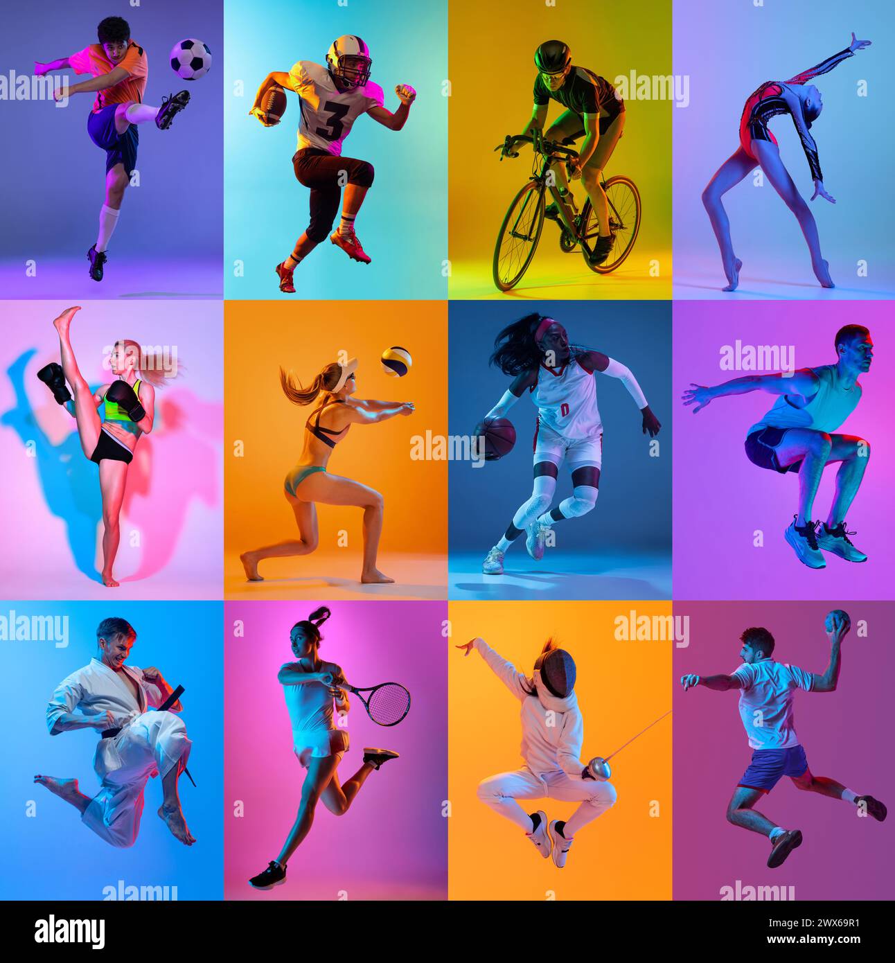 Collage made of young multiethnic people, men and women, athletes of ...