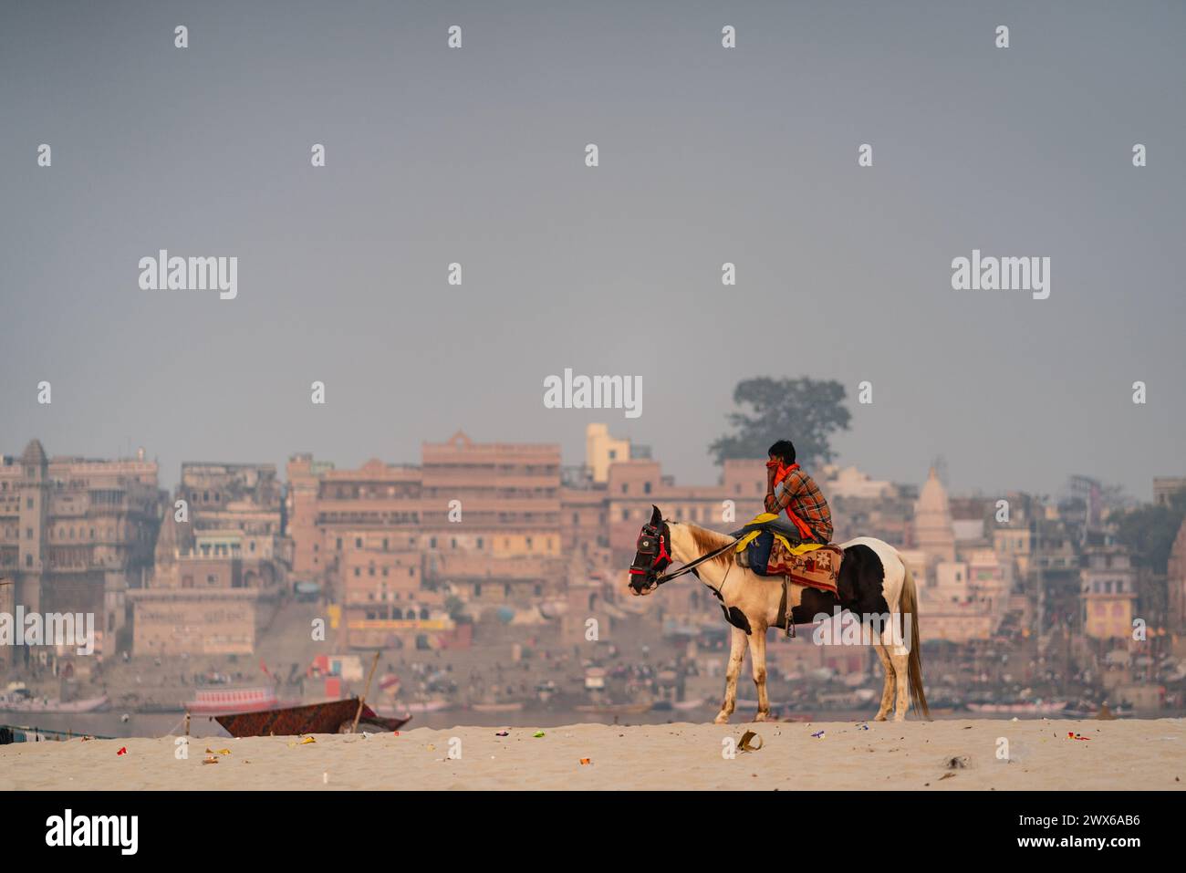 Horse & Rider, Ganges Sandbank, Varanasi Stock Photo - Alamy