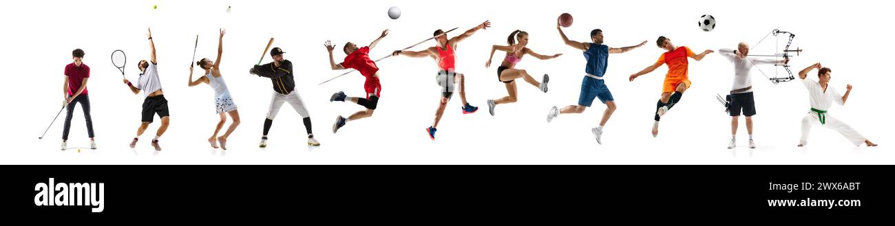 Collage made of various athletes in different sports training isolated ...