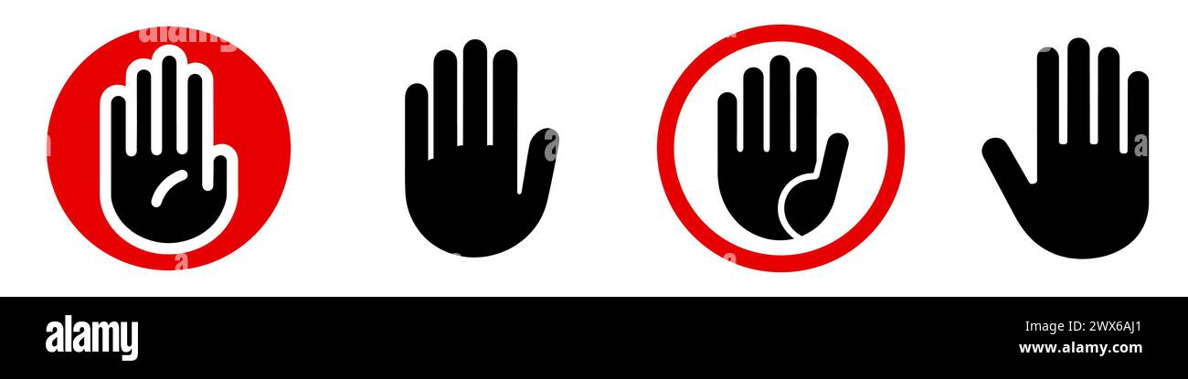 Stop hand icon. Set of hand icons. Black silhouette of hand in flat ...