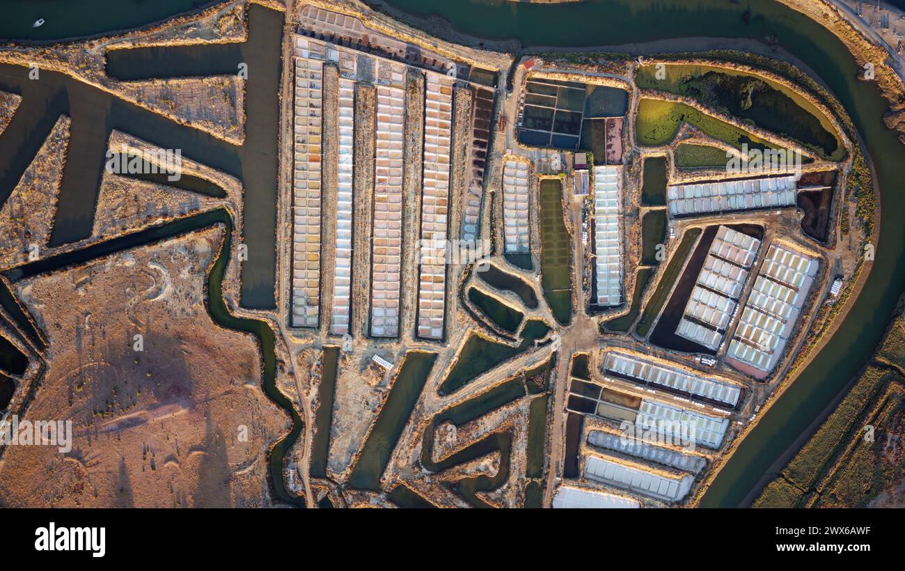 Aerial drone view of salt fields in Castro Marim, Portugal. Salt ...