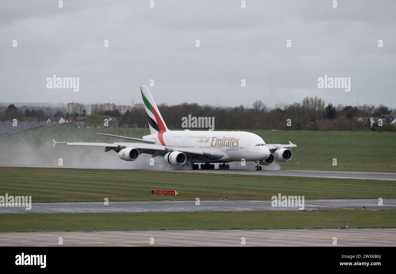 Emirates Airlines Airbus A380 landing in wet weather at Birmingham ...