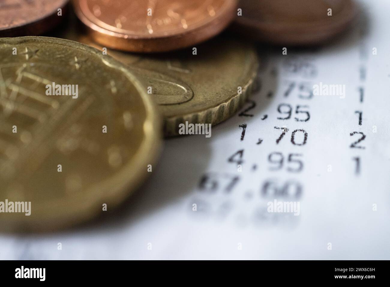 Stuttgart, Germany. 28th Mar, 2024. Coins lie on a till receipt. The ...