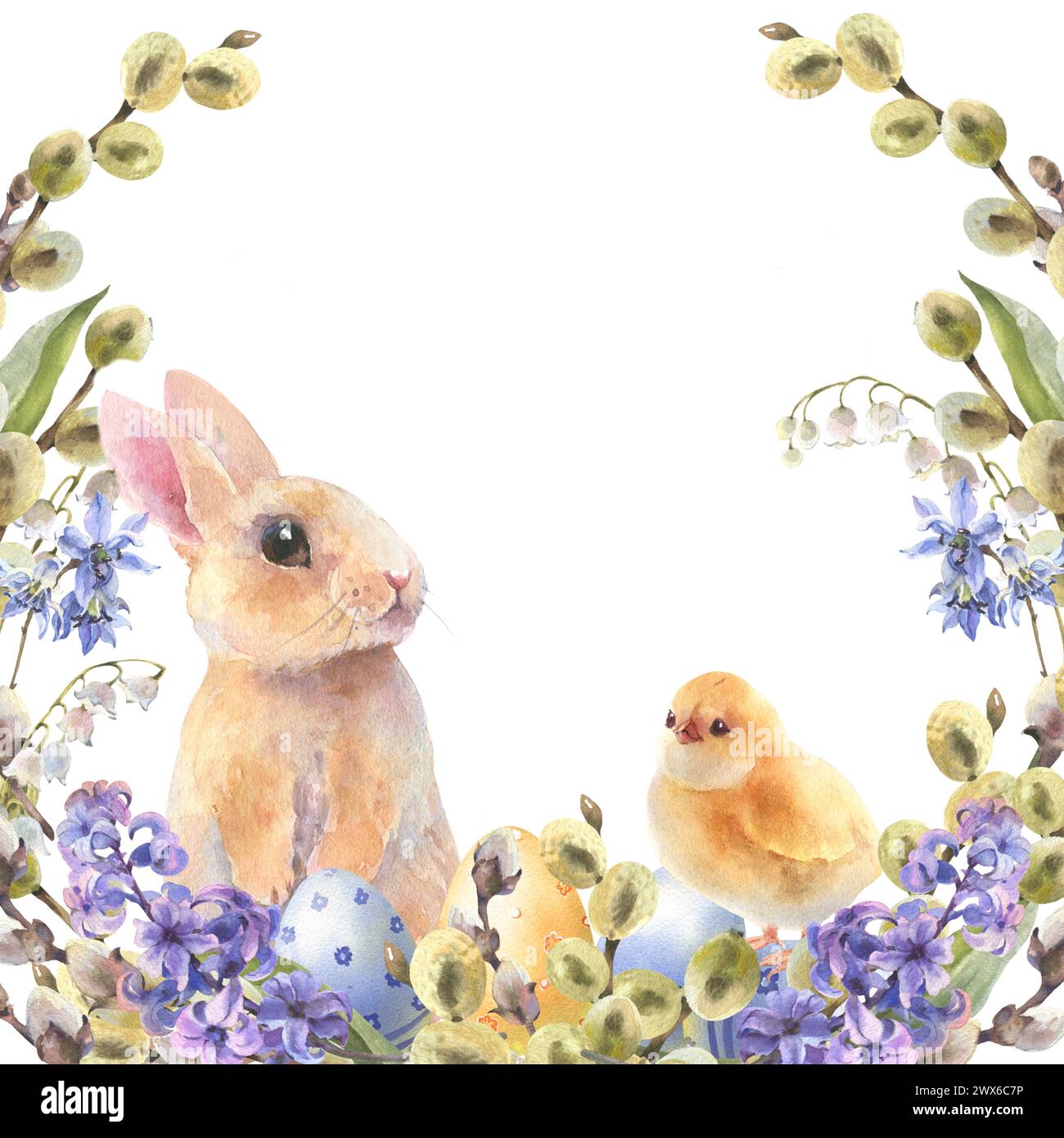 Watercolor little peach rabbit is sitting in the flowers wreath. Easter ...