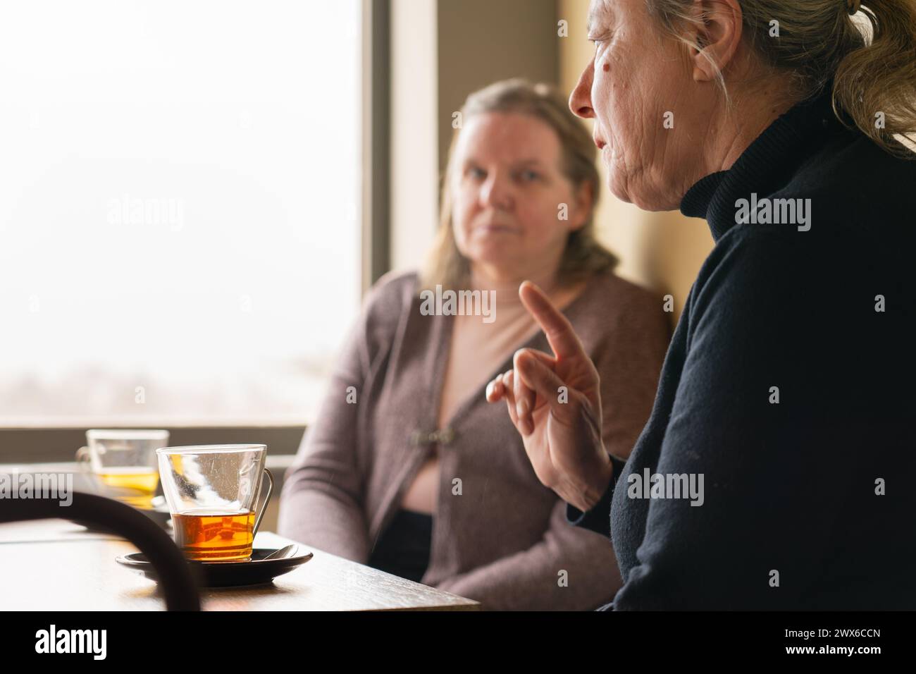 Two mature women talking while having an infusion in a bar Stock Photo ...