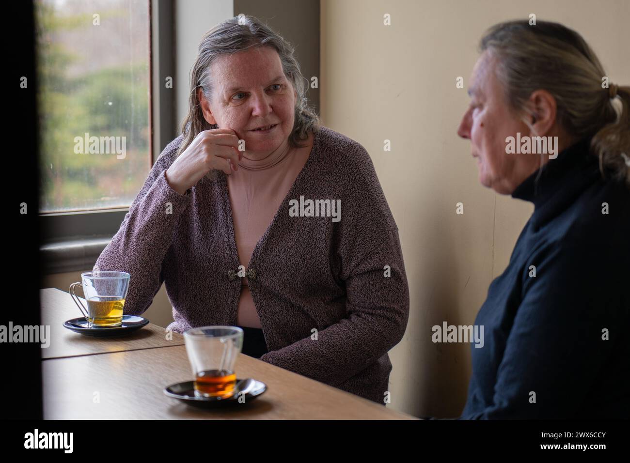 Two older women friends chatting while having tea Stock Photo - Alamy