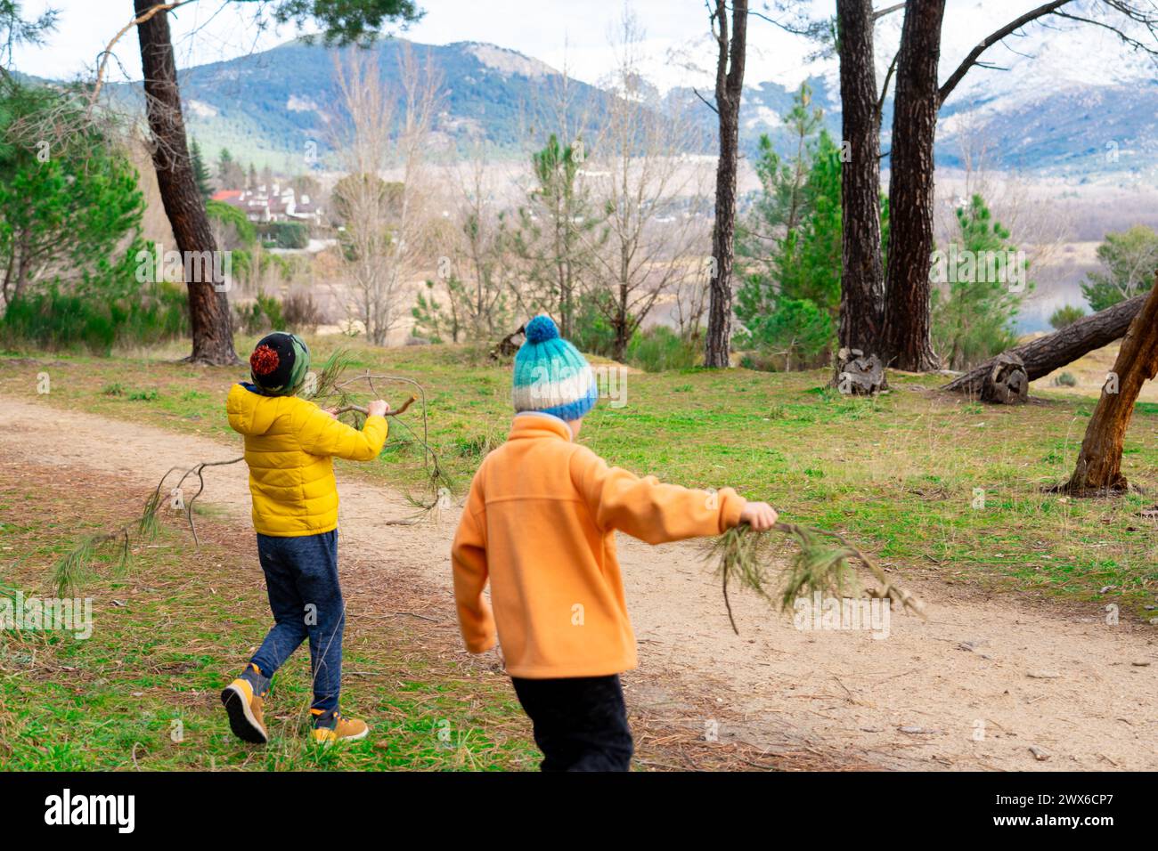 Children playing in the forest with a landscape of snowy mountains in ...