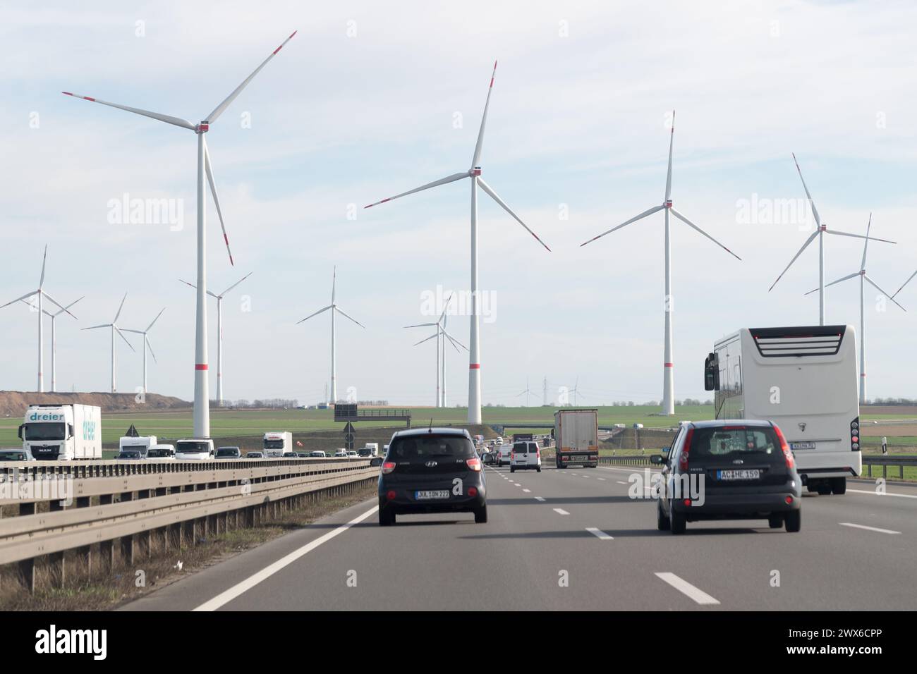Bundesautobahn 44 and wind farm in North Rhine-Westphalia, Germany © Wojciech Strozyk / Alamy ...