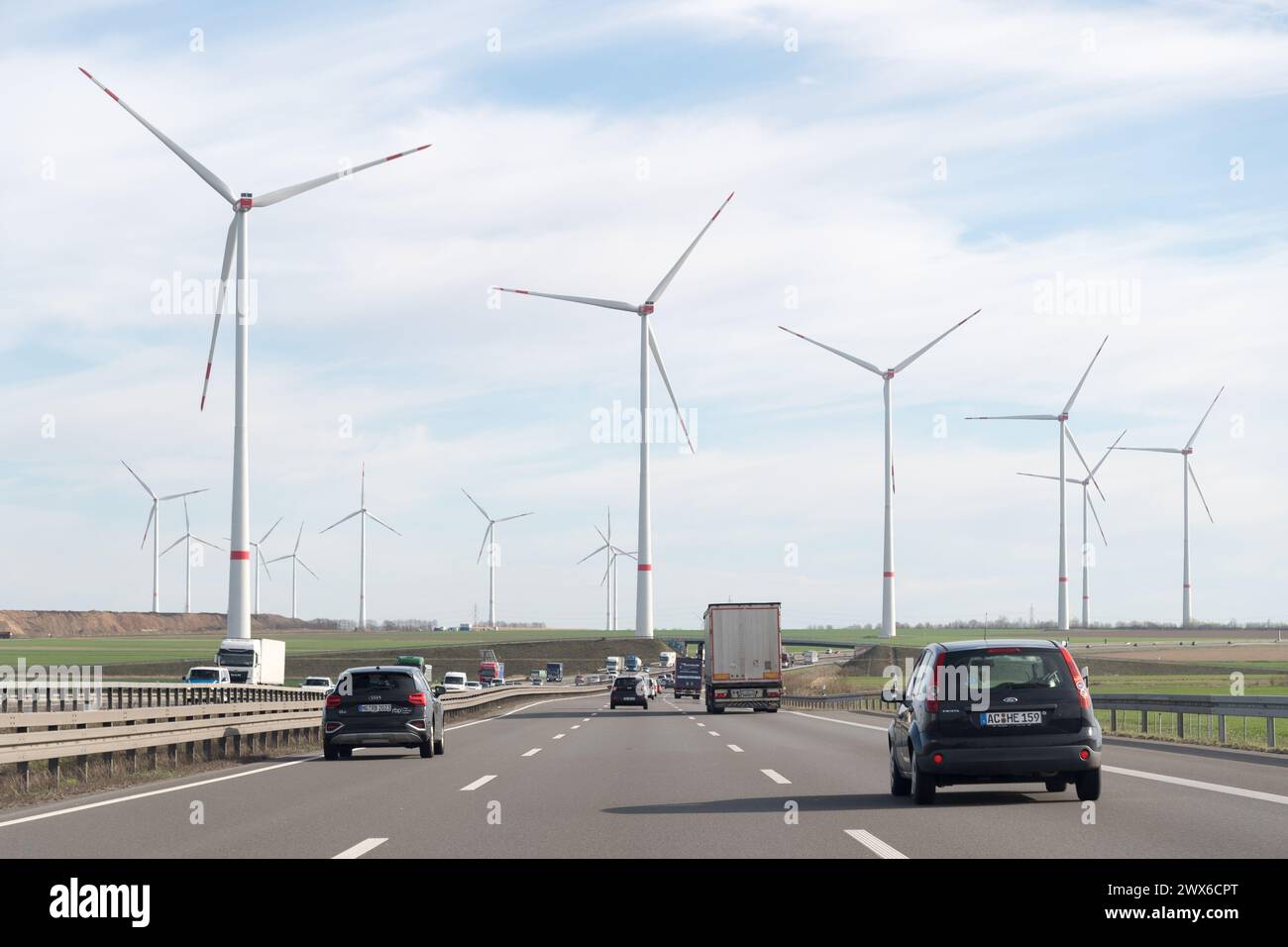 Bundesautobahn 44 and wind farm in North Rhine-Westphalia, Germany ...