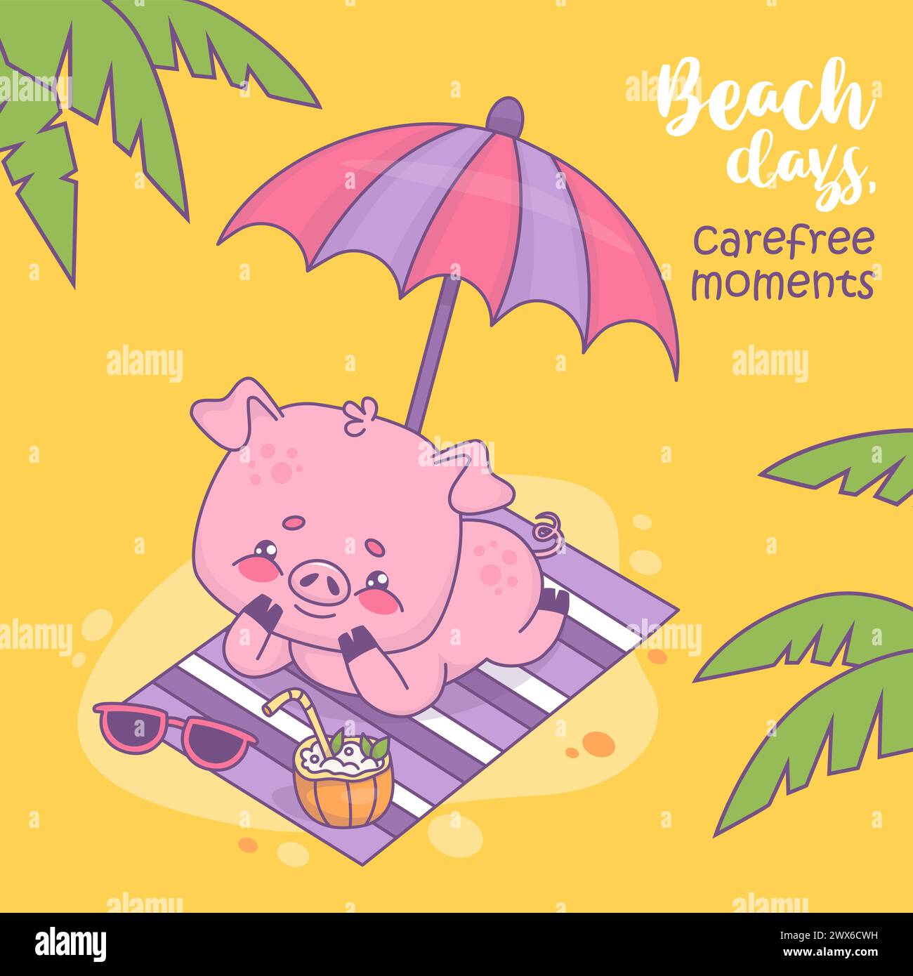 Summer square card with smiling Pig sunbathing resting on beach towel ...