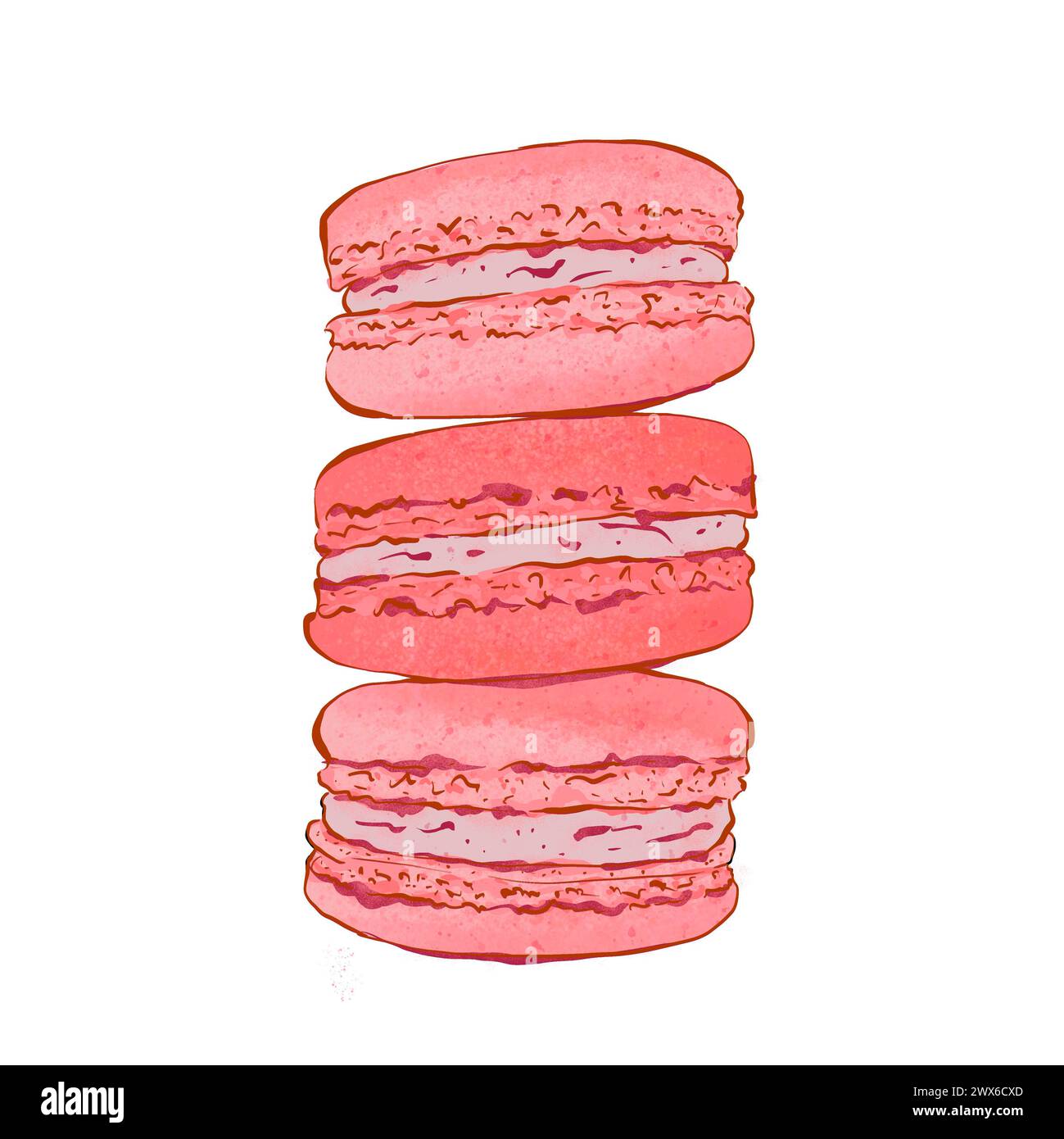 Sweet pink dessert, food illustration. Stack of pink macaroon almond ...