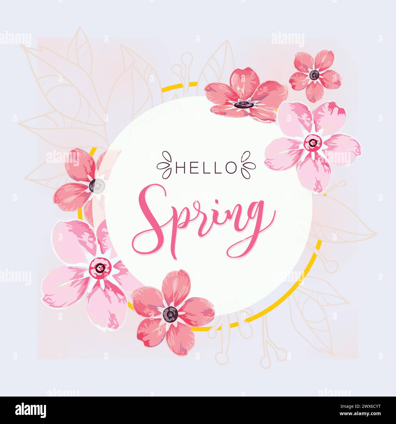 Round banner with the Hello Spring logo. Card for spring season with ...