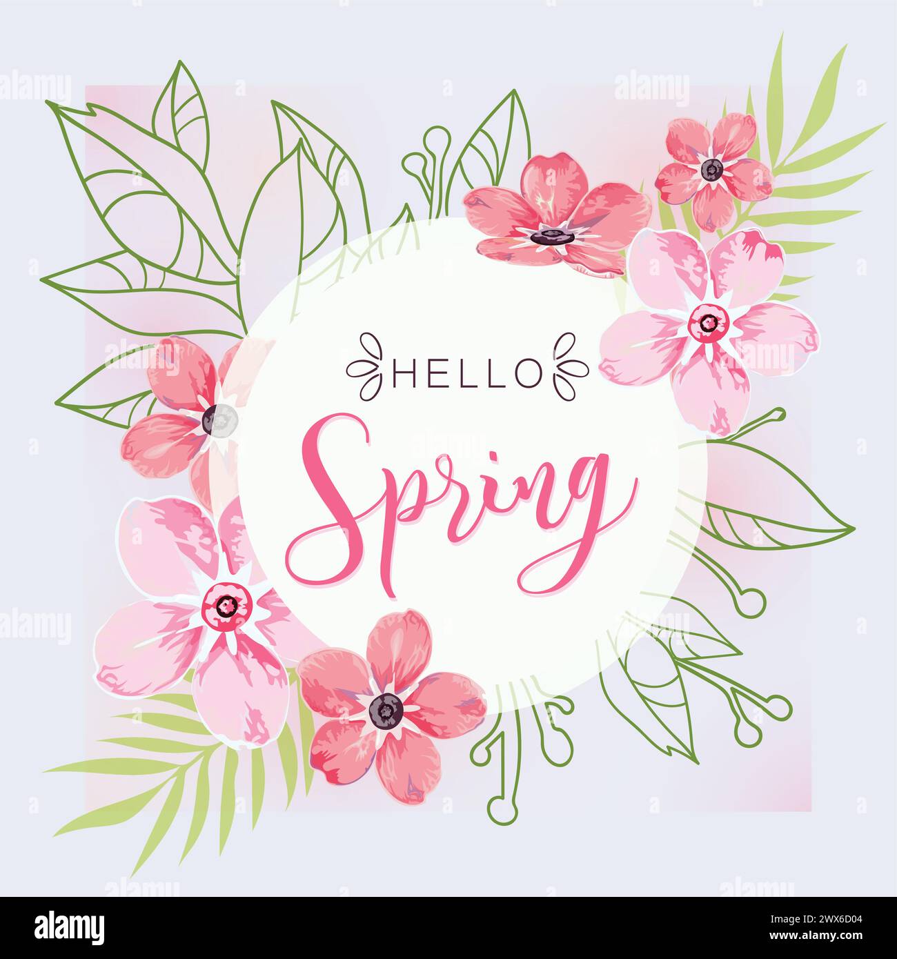 Round banner with the Hello Spring logo. Card for spring season with ...