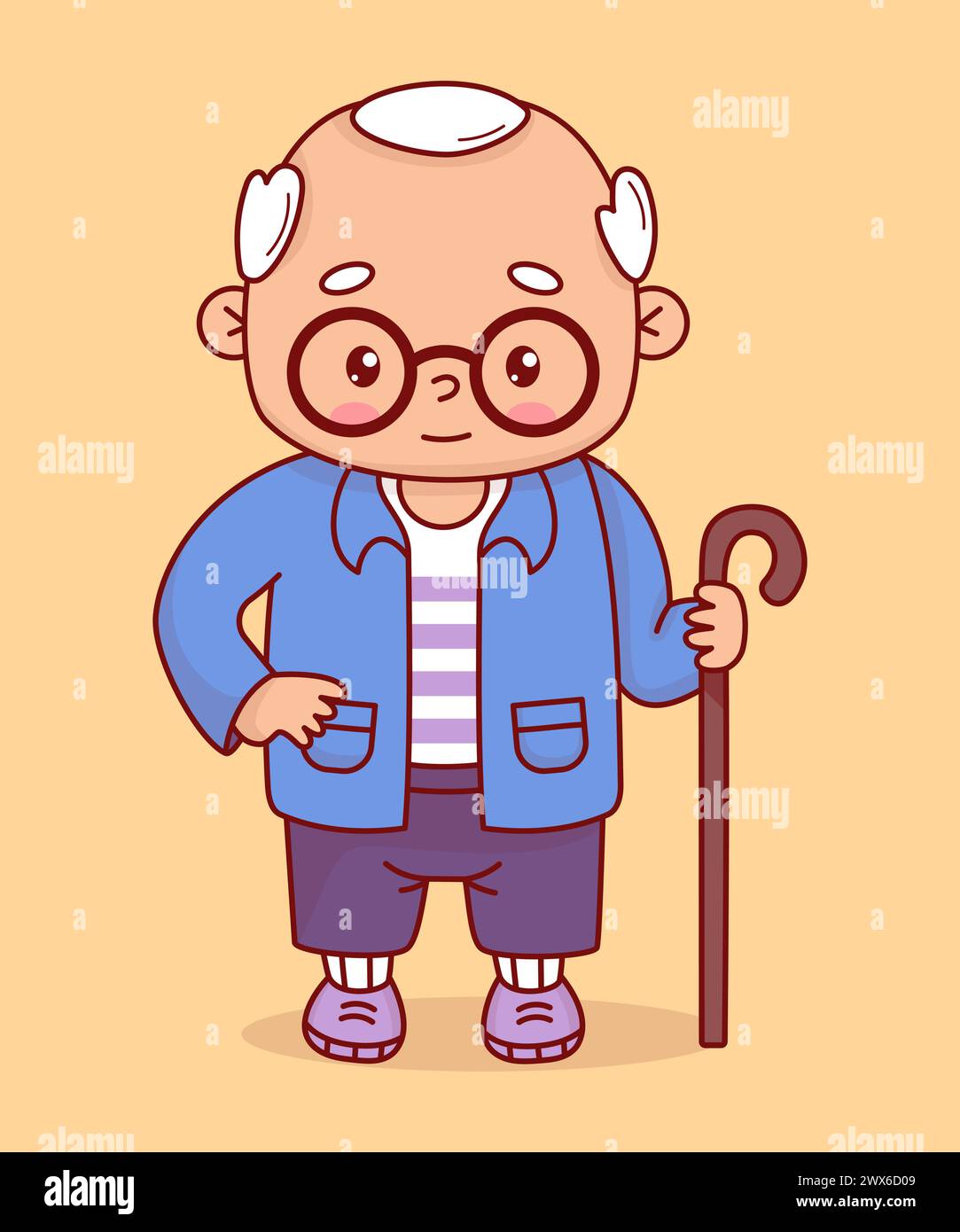 Happy grandfather. Cute elderly gray-haired man with glasses with stick ...