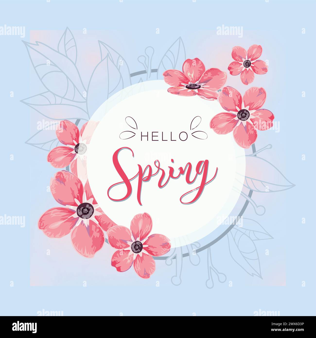 Round banner with the Hello Spring logo. Card for spring season with ...