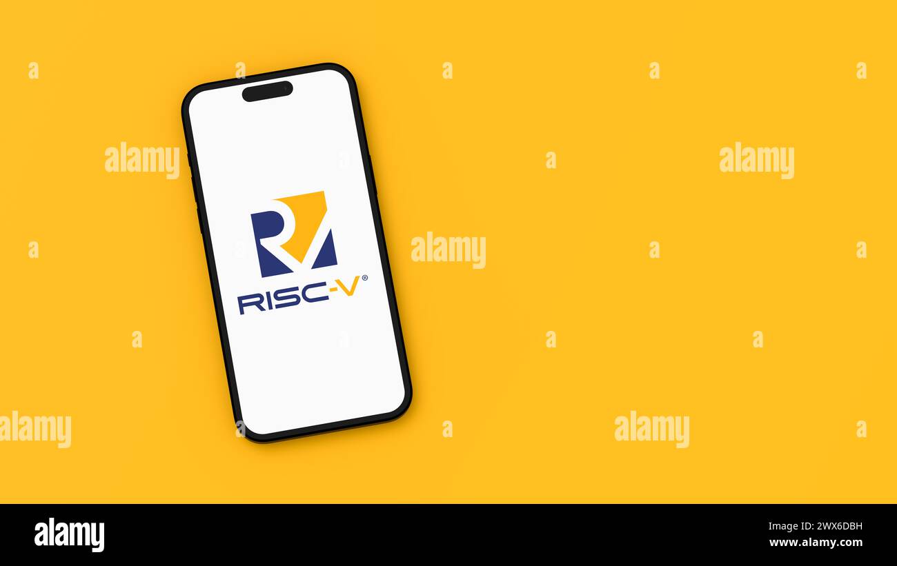 RISC-V, or Risc 5, Logo on Mobile Phone Screen on Yellow Background ...