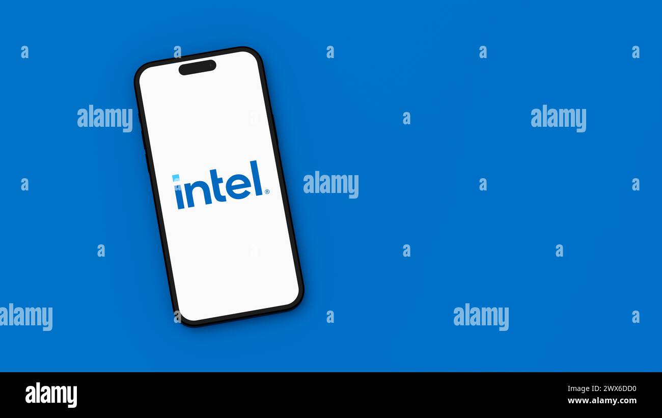 Intel Logo on Mobile Phone Screen on Blue Background with Copy Space ...