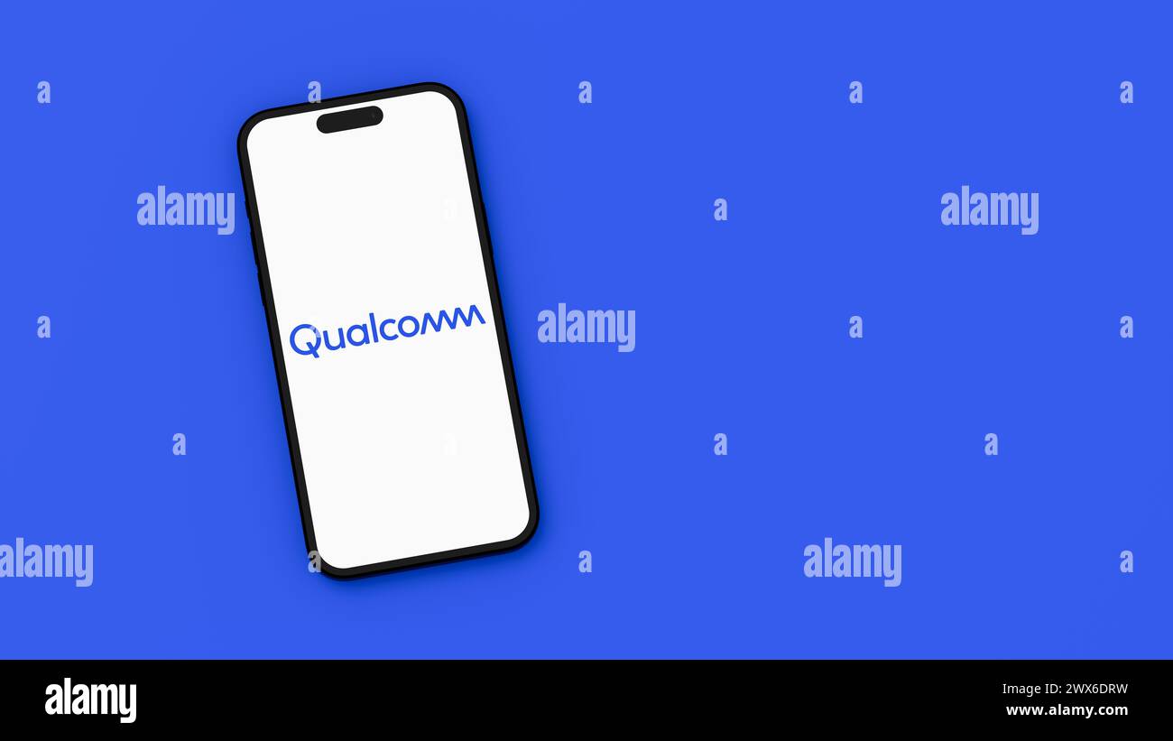 Qualcomm Logo on Mobile Phone Screen on Blue Background with Copy Space ...