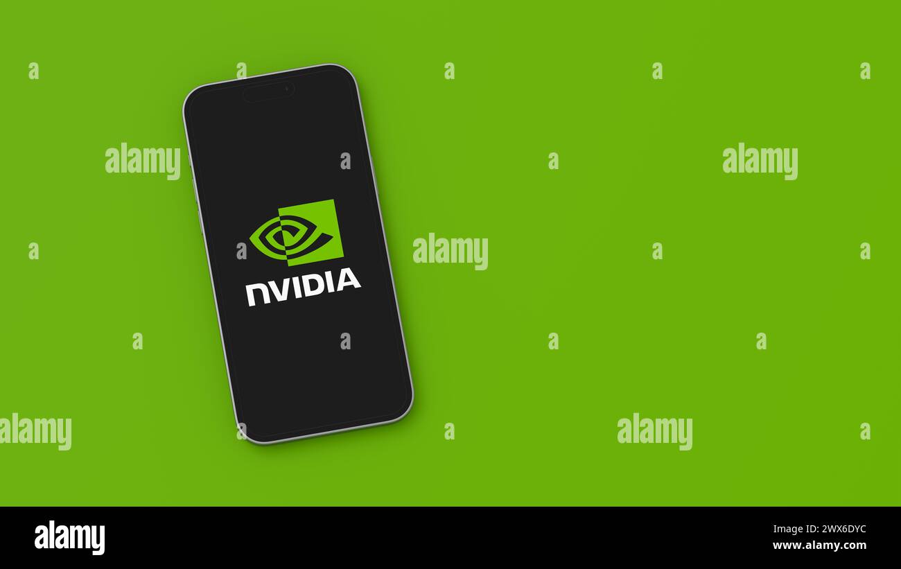 Nvidia Logo on Mobile Phone Screen on Green Background with Copy Space ...