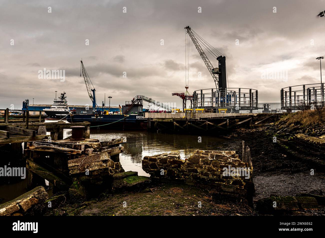 Battleship Wharf Terminal hosting a big ship on the River Blyth in ...