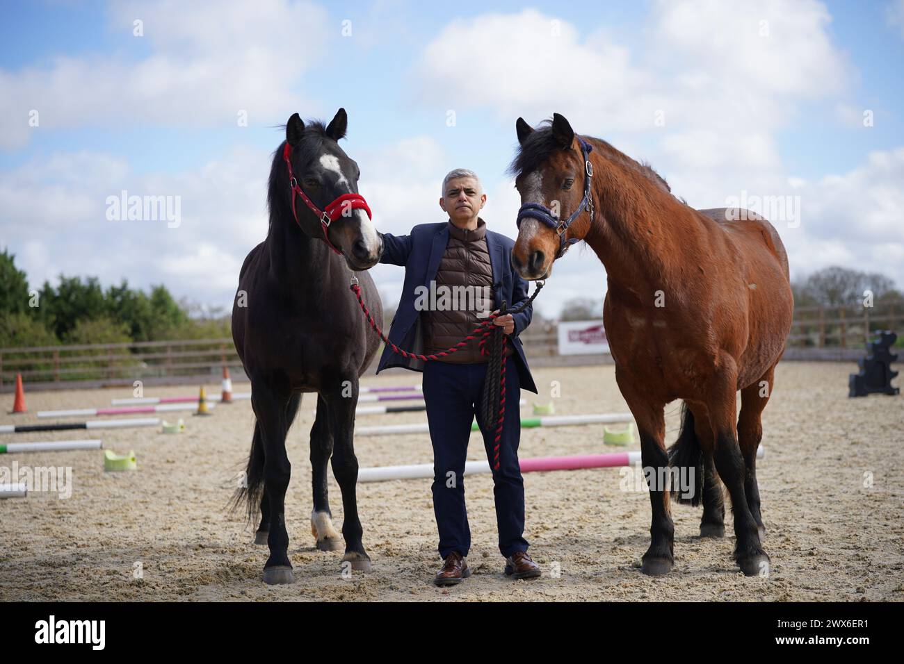 Mayor of London Sadiq Khan meets volunteers and horses (Prince, left ...