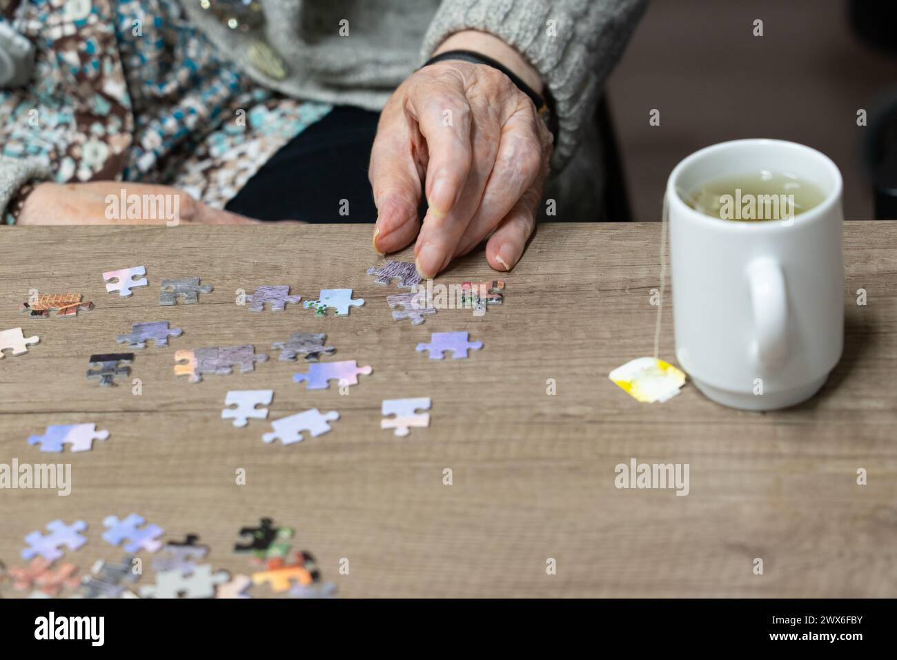 Senior woman's hands doing a puzzle Stock Photo - Alamy
