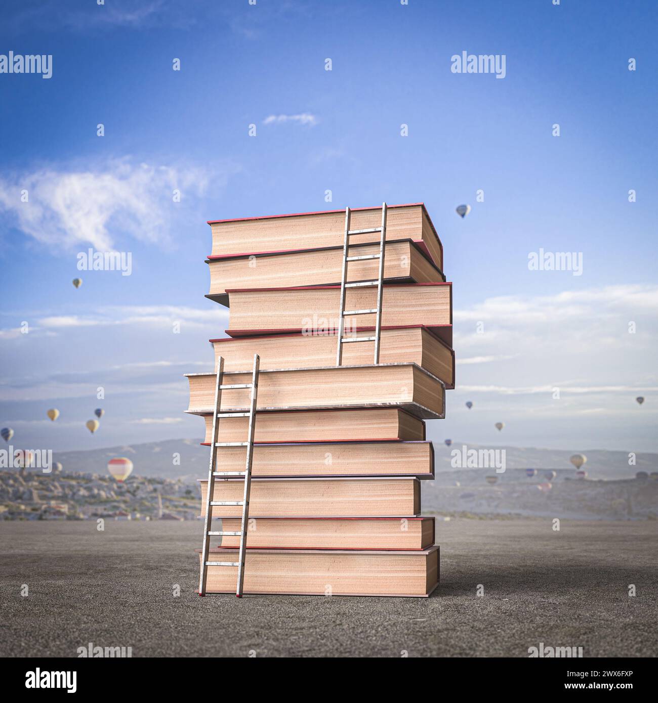 stack of books with ladders, background with hot air balloons. 3d ...