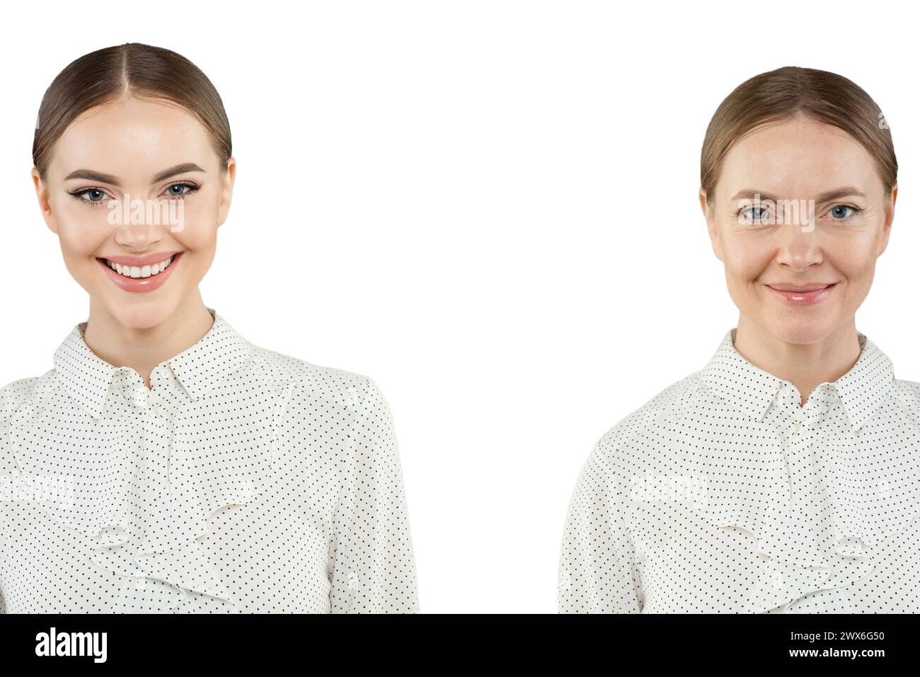 Perfect models. Young and old woman on white background. Aging ...