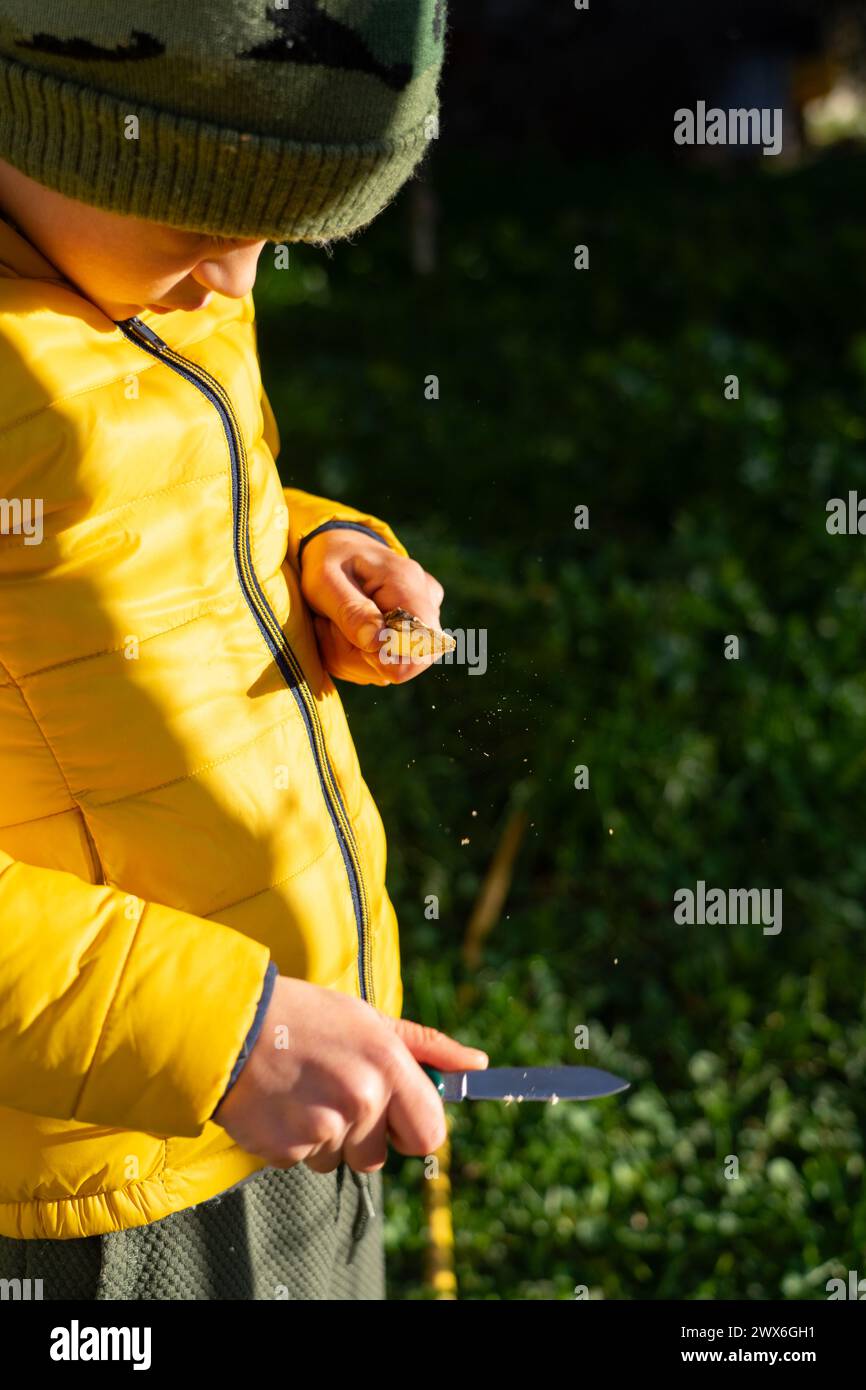Boy sharpening a stick with a knife in nature Stock Photo - Alamy