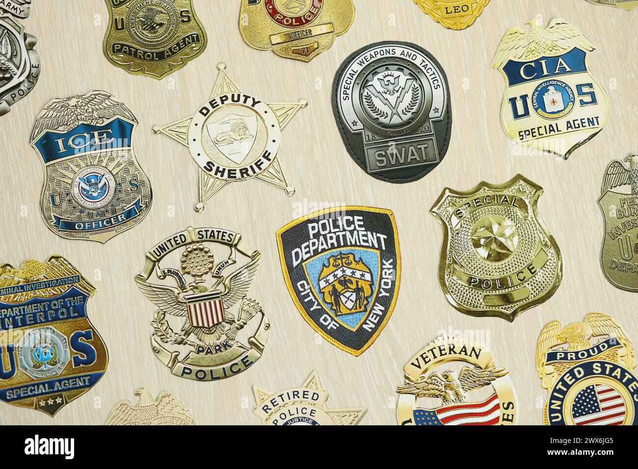 KYIV, UKRAINE - MARCH 9, 2024 Badges of different United States police ...