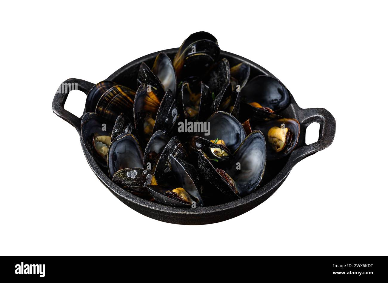 Mussels cooked with white wine sauce in a pan with herbs. Isolated on ...